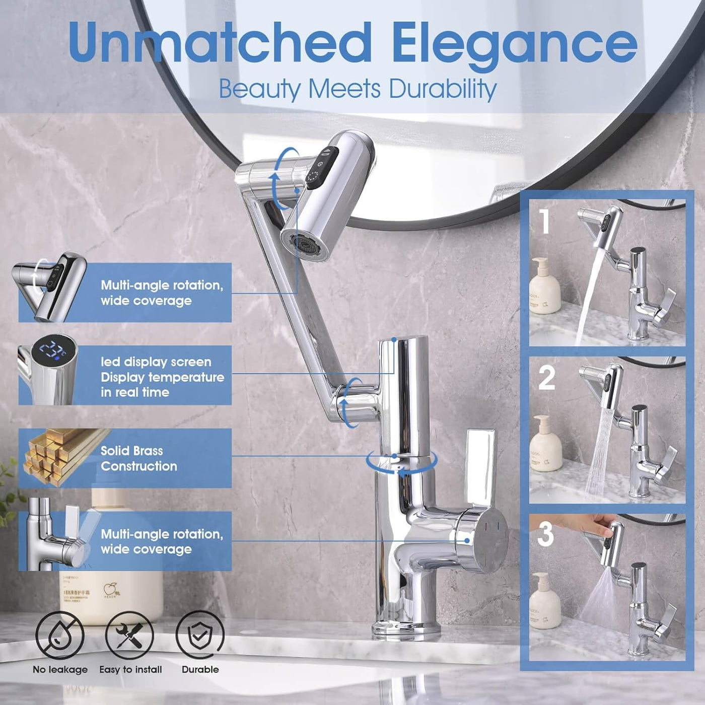Bathroom Sink Faucets Temperature Display Single-Hole Rotatable Faucet ...