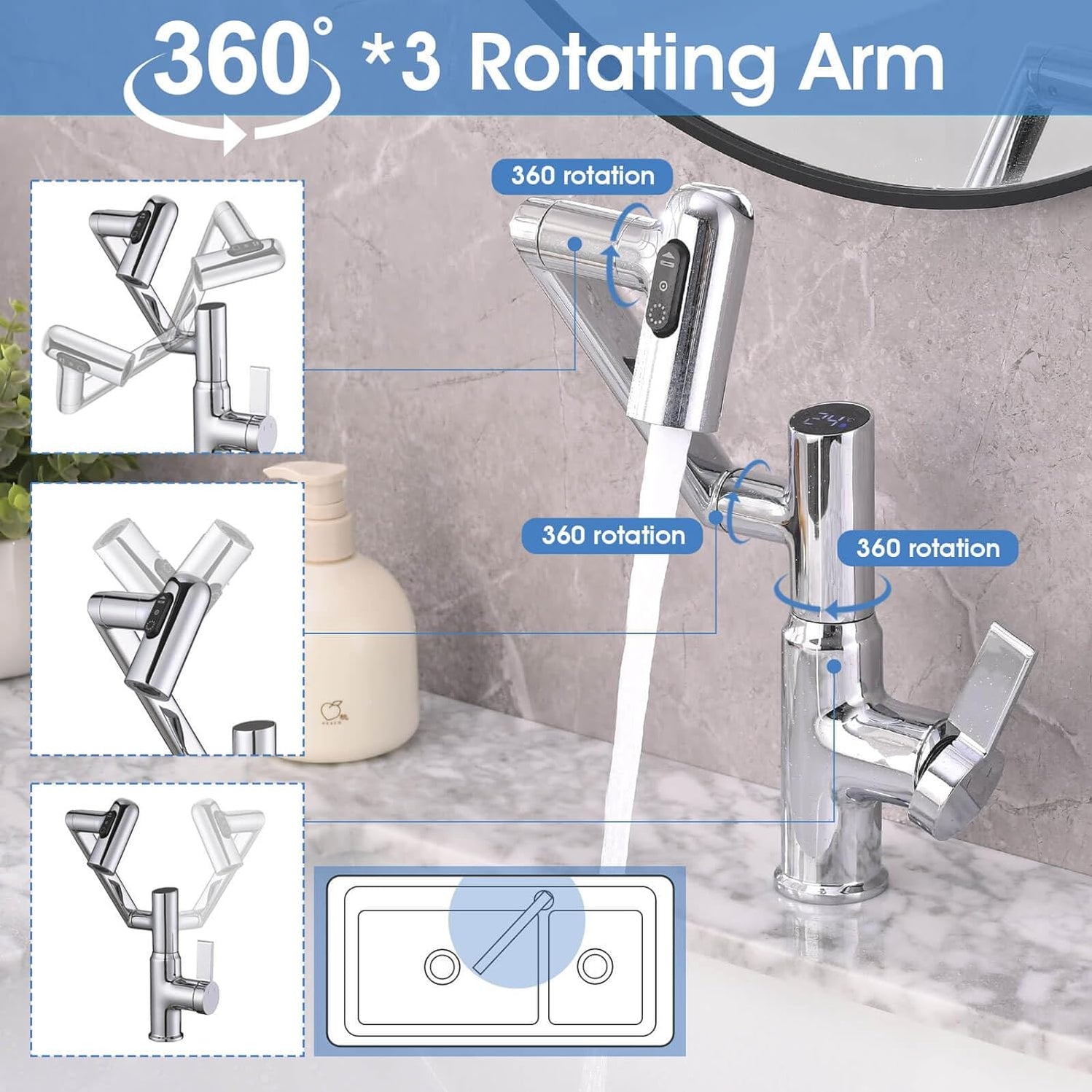 Bathroom Sink Faucets Temperature Display Single-Hole Rotatable Faucet ...