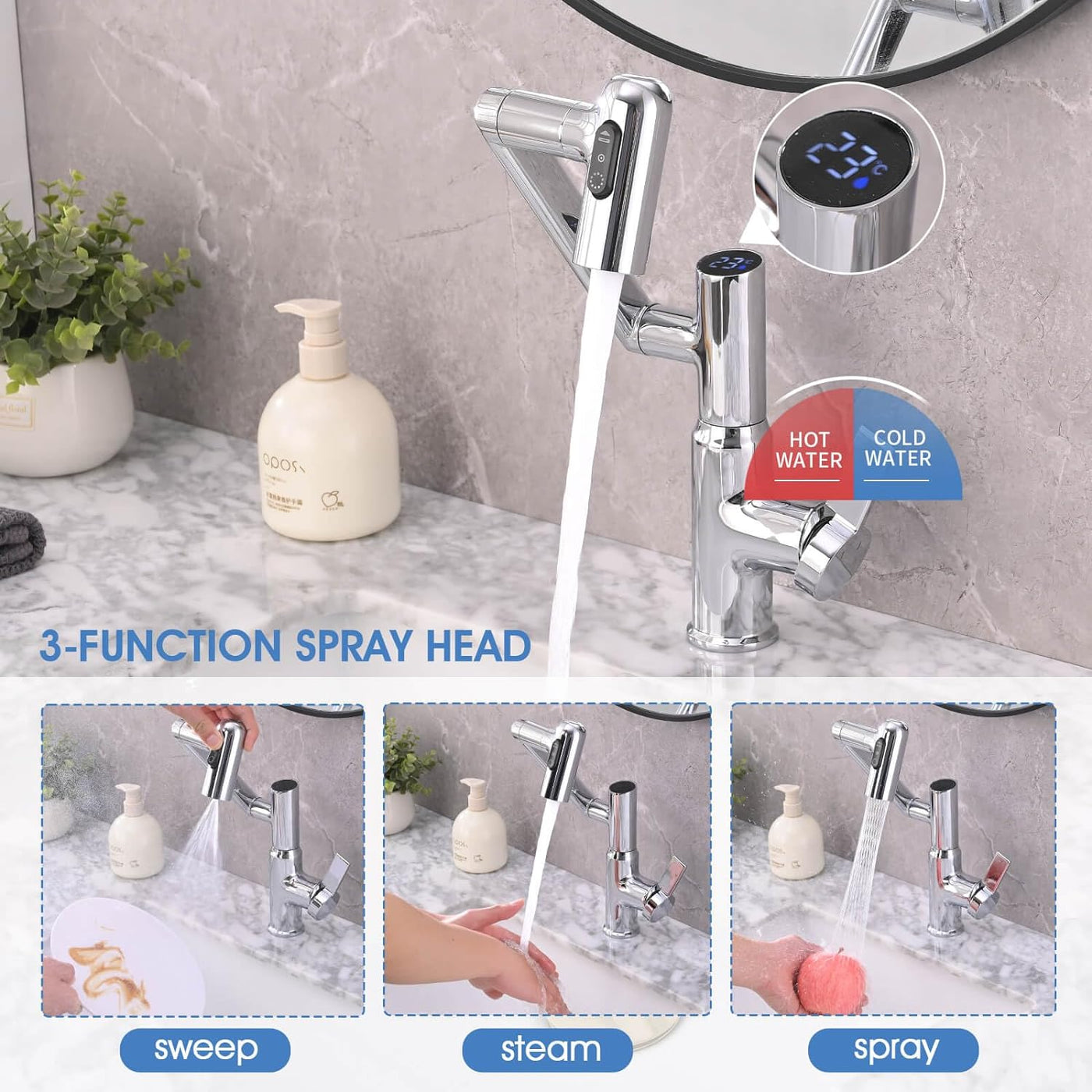 Bathroom Sink Faucets Temperature Display Single-Hole Rotatable Faucet ...