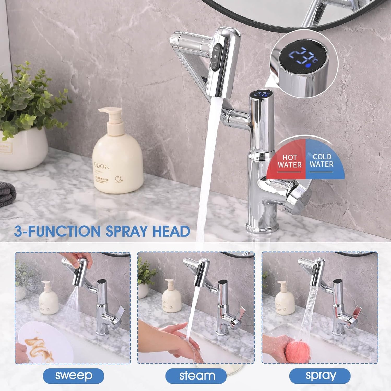 Bathroom Sink Faucets Temperature Display Single-Hole Rotatable Faucet ...