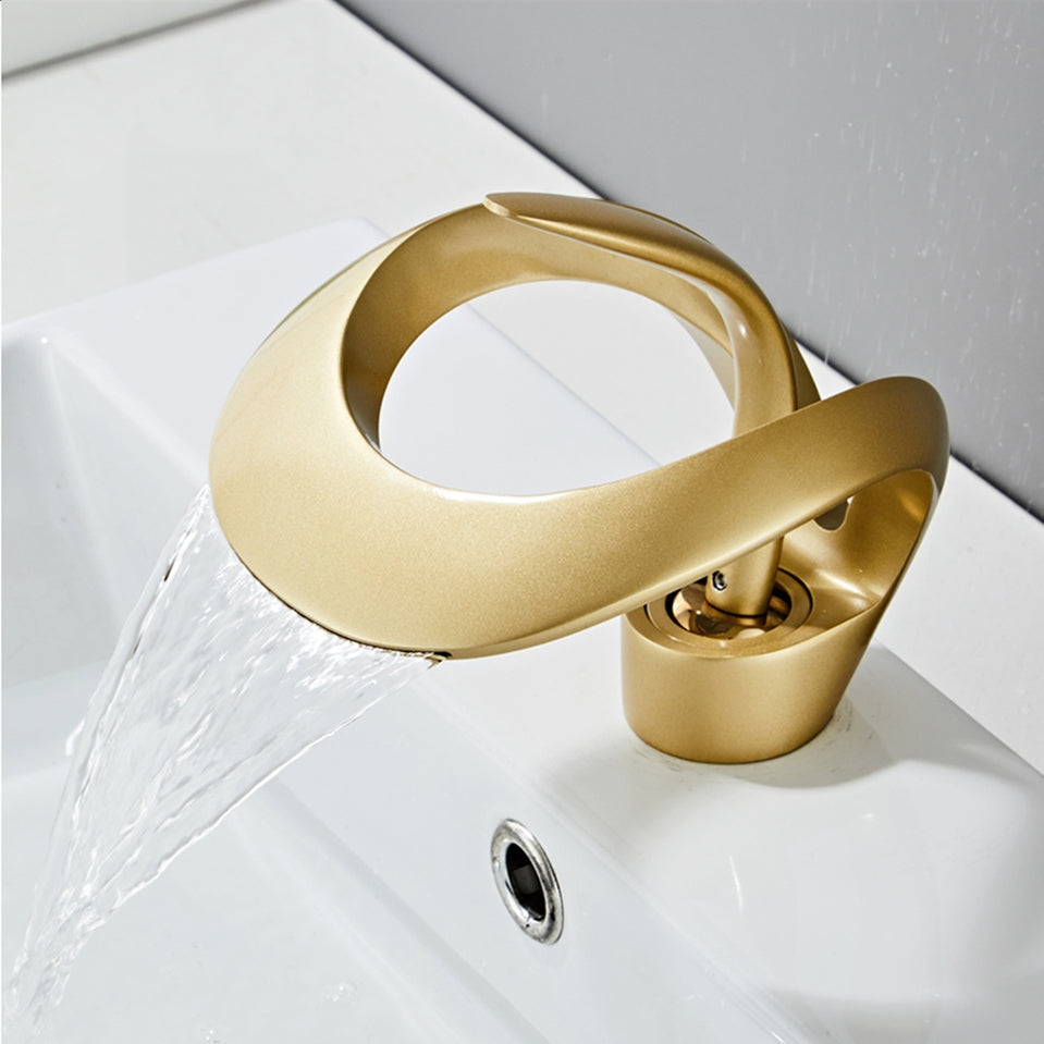 Goldenwarm Faucet Single Handle Solid Brass Waterfall Bathroom Sink ...