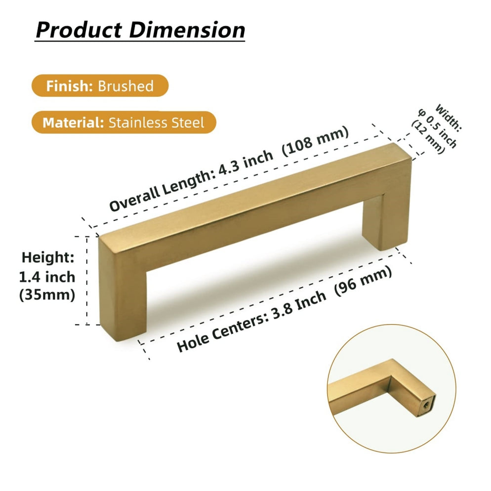 Brushed Brass Square Drawer Pulls Kitchen Cabinet Handles | Goldenwarm
