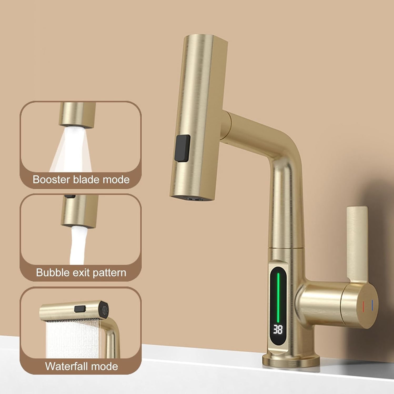 Goldenwarm Digital Bathroom Faucet Single-Hole Rotatable and Liftable ...
