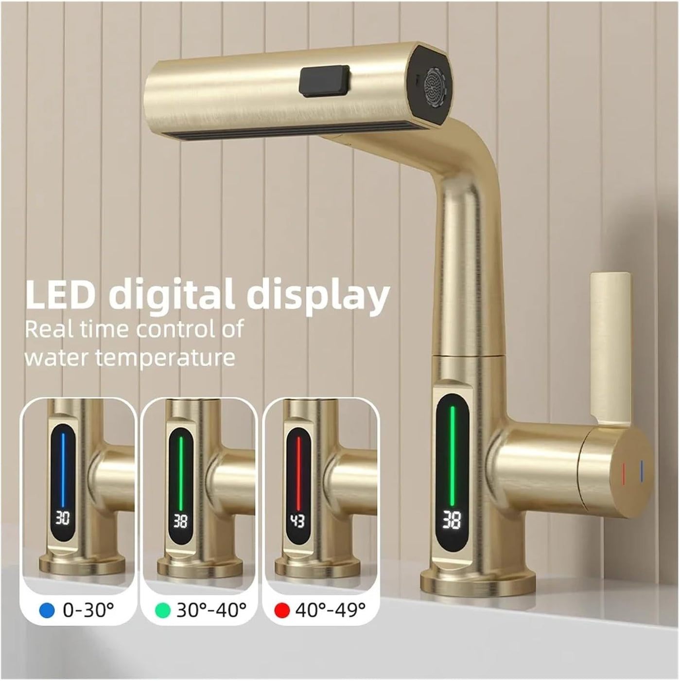 Goldenwarm Digital Bathroom Faucet Single-Hole Rotatable and Liftable ...