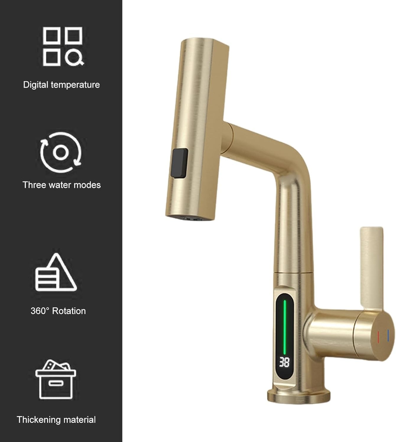 Goldenwarm Digital Bathroom Faucet Single-Hole Rotatable and Liftable ...