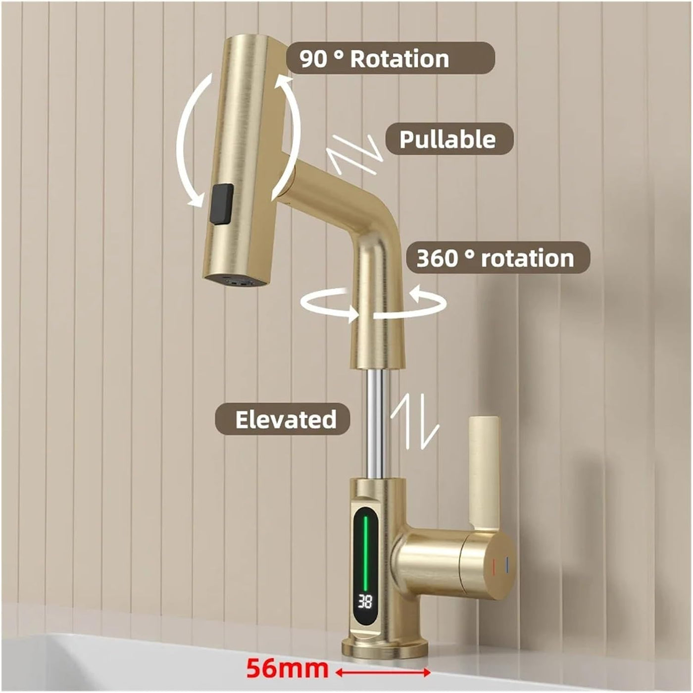 Goldenwarm Digital Bathroom Faucet Single-Hole Rotatable and Liftable ...