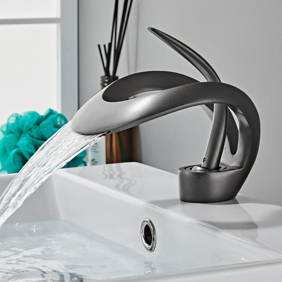 Goldenwarm Faucet Single Handle Solid Brass Waterfall Bathroom Sink ...