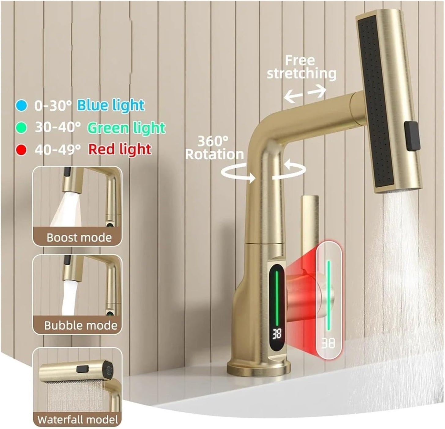 Goldenwarm Digital Bathroom Faucet Single-Hole Rotatable and Liftable ...